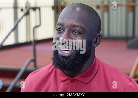Oklahoma defensive coach Jay Valai speaks during an NCAA college ...