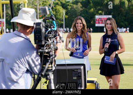 NFL Network reporters Sara Walsh, left, and Ashlyn Sullivan get ready ...