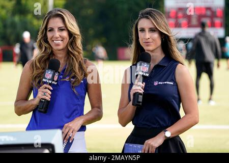 NFL Network reporters Sara Walsh, left, and Ashlyn Sullivan get ready ...