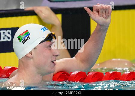 South Africa's Pieter Coetzee reacts after competing in the Men's 50m ...