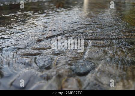 Portrait of water ripples on the floor of the yard that has a rocky ...