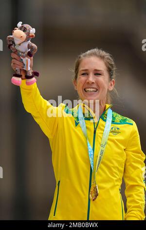 Australia's Jessica Stenson, gold, stands on the podium after the Women ...
