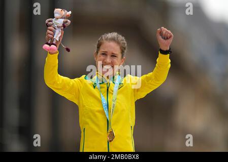 Australia's Jessica Stenson, gold, stands on the podium after the Women ...