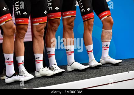 UAE Team Emirates's Tadej Pogacar, center, before to start the San ...