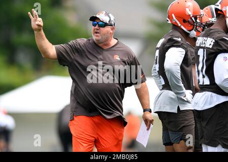 Cleveland Browns offensive coordinator Alex Van Pelt, center, stands ...