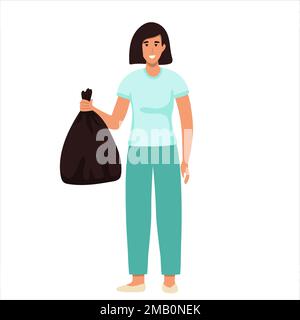 Happy woman throws away trash into green trash bin with recycling ...