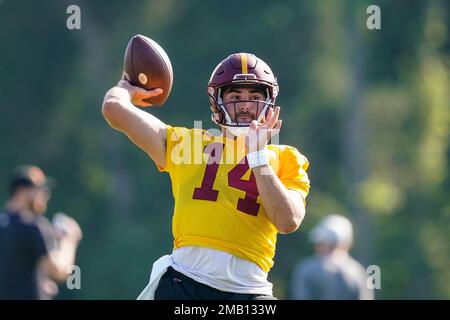 Washington Commanders quarterback Sam Howell rests after the team's NFL ...