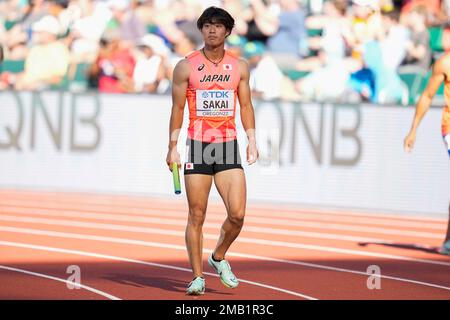 Ryuichiro Sakai, of Japan, prepares for a heat during the men's 4x100-meter relay at the World ...