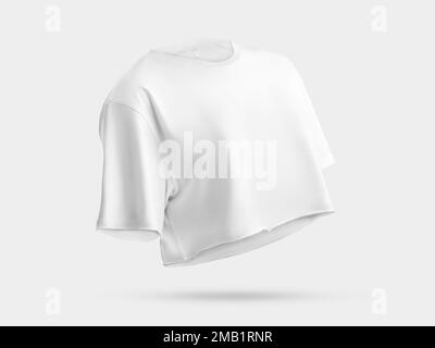 White t-shirt template with cropped bottom, 3D rendering side view ...