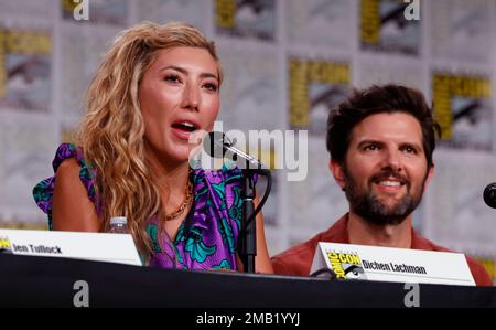 Dichen Lachman, from left, and Adam Scott attend a panel for the ...