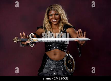 Jan Benjamin of New York, dressed as Xena Warrior Princess, poses for a ...
