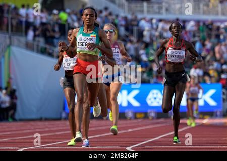 Gudaf Tsegay, of Ethiopia, wins during a heat in the women's 5000-meter ...