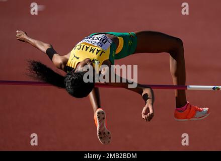 Lamara Distin, of Jamaica, competes during the women's high jump final ...