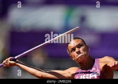 Anna Hall competes in the javelin throw for the women's heptathlon ...