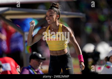Jacqueline Otchere, of Germany, competes during the women's pole vault ...