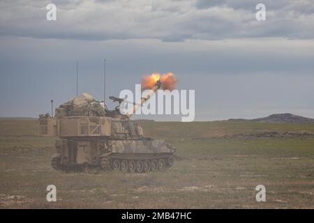 An M109 Paladin from Charlie Battery, 1st Battalion, 145th Field Artillery, Utah National Guard ...