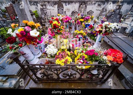 Graves, sculptures, photos and flowers in the cemetery Cimitero dei ...