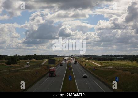 The Polish border with Kaliningrad, Russia and Lithuania and a sign ...
