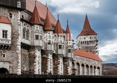 Windows of the medieval Corvin Castle in Hunedoara, Romania Stock Photo ...