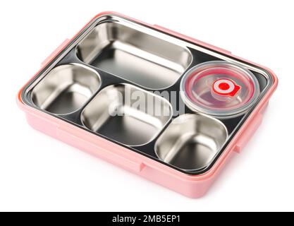 Empty lunch box with metal compartments isolated on white background ...