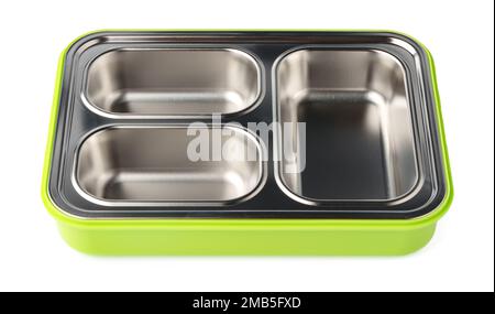 Empty lunch box with metal compartments isolated on white background ...