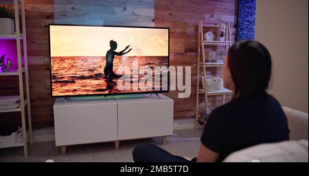 Smart Led TV In Living Room At Night Stock Photo - Alamy