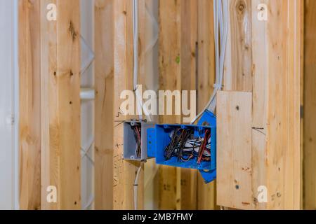 Electrical socket boxes inside frame house with basic electrical wiring ...