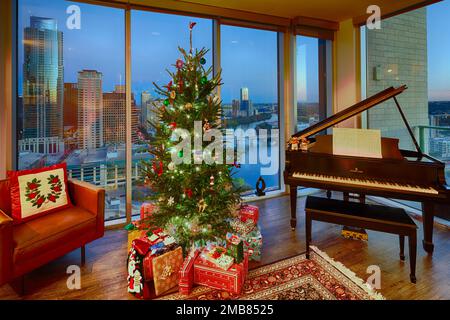 Decorated Christmas tree with evening Austin, Texas skyline view from ...