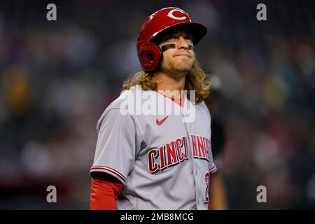 Cincinnati Reds' TJ Friedl reacts after being hit by a pitch in the ...