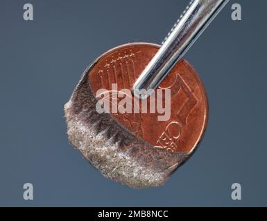 Copper coin being coated with silver crystals in a solution of silver ...