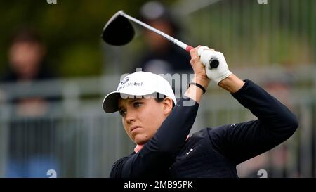 Albane Valenzuela, of Switzerland, hits off the fourth tee during the ...