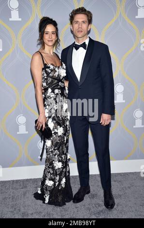 Aaron Tveit, right, and Ericka Hunter arrive at the 75th annual Tony ...