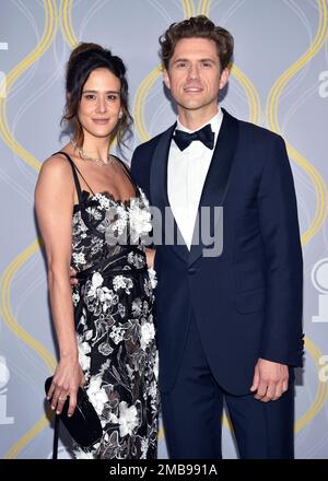 Aaron Tveit, right, and Ericka Hunter arrive at the 75th annual Tony ...