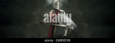 Banner. Serious brutal bearded man, medieval warrior and knight with ...