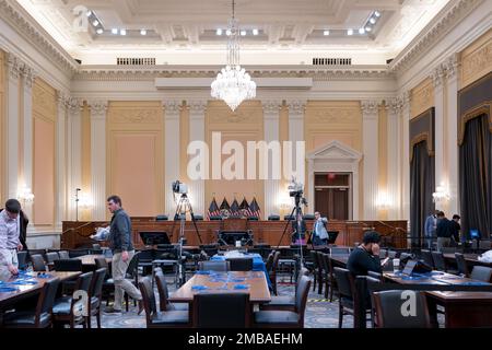 Television crews and technicians prepare the Cannon Caucus Room for ...