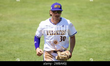 East Carolina's Jacob Jenkins-Cowart misses a ball hit by Texas' Trey ...