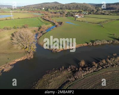Aerial view of the River Lugg near Lugwardine in rural Herefordshire UK ...