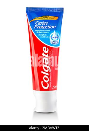 CHISINAU, MOLDOVA -March 13, 2016;: Colgate tooth paste on white ...