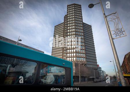 Triad House on Stanley Road in the centre of the town of Bootle, Sefton ...