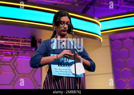 Harini Logan, 14, from San Antonio, Texas, competes during the finals ...
