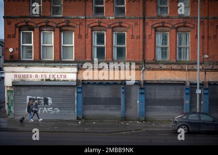 Shuttered business properties on Stanley Road in the town of Bootle ...