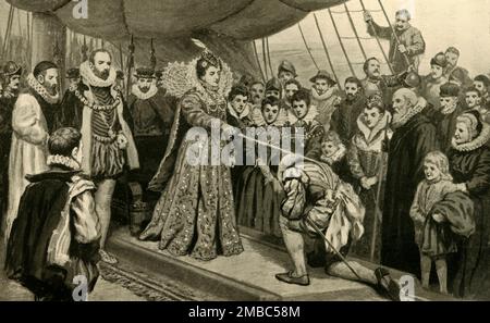 Queen Elizabeth I knighting Sir Francis Drake on board The Golden Hind ...