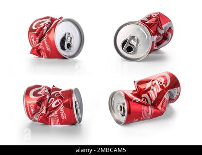 Chisinau, Moldova - August, 26, 2016: Crumpled Coca Cola cans. Coca ...