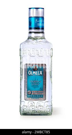 Anapa, Russia, August 10, 2022: Bottle of OLMECA TEQUILA on white ...