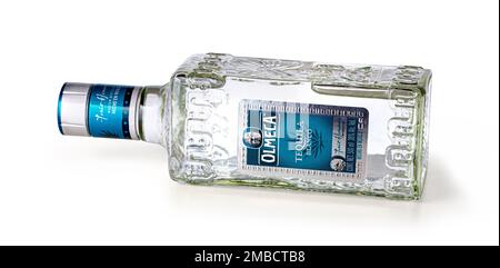 Anapa, Russia, August 10, 2022: Bottle of OLMECA TEQUILA on white ...