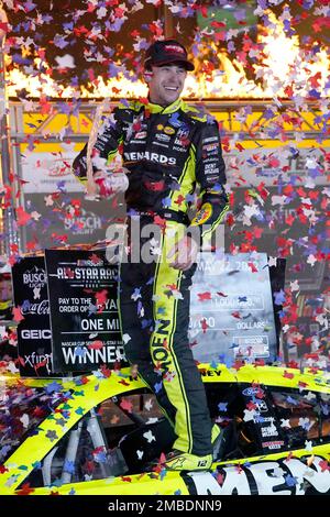 Ryan Blaney (12) celebrates after winning a NASCAR Cup Series auto race ...