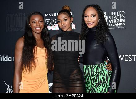 WNBA players Michaela Onyenwere, left, and Didi Richards attend the ...