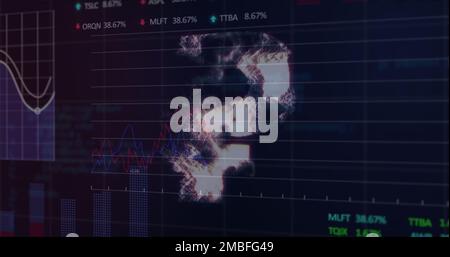 Composition of rouble symbol and data processing on black background ...