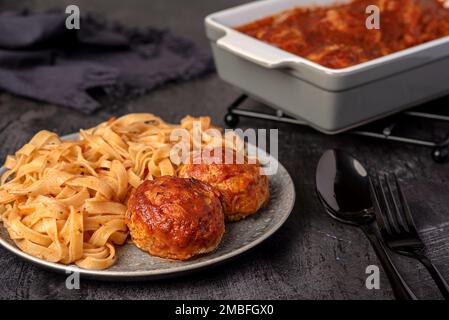 Food photography of meatball, tagliatelle; pasta, minced, beef, chicken ...