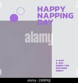 Composition of happy napping day text over purple and white background ...